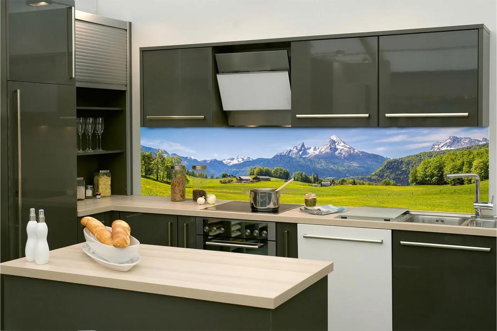 DIMEX | Fototapeta do kuchyně Alpský pohled KI-260-135 | 260 x 60 cm | zelená, modrá, bílá, hnědá