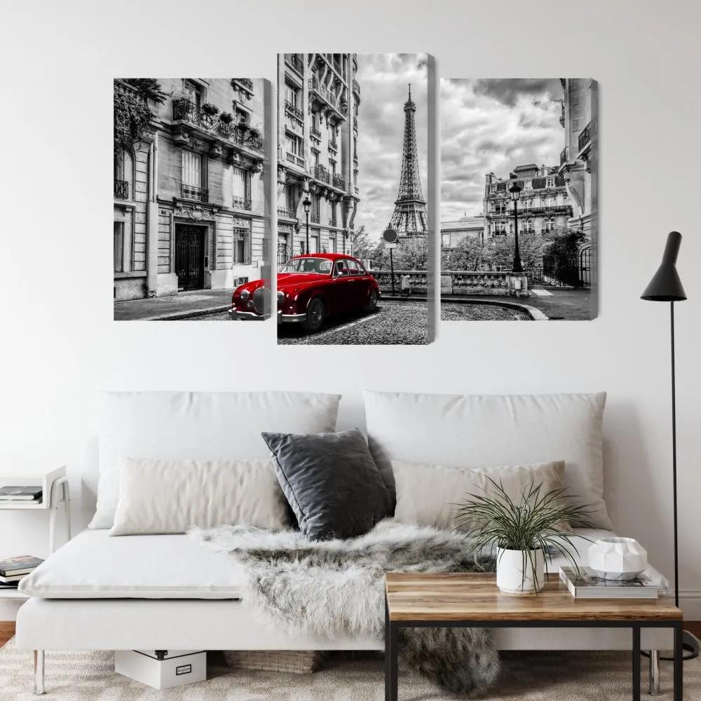 Vícedílný obraz Červené Retro Auto Na Pozadí Eiffelovy Věže Nedostatek Nedostatek Plátno Canvas 120x80