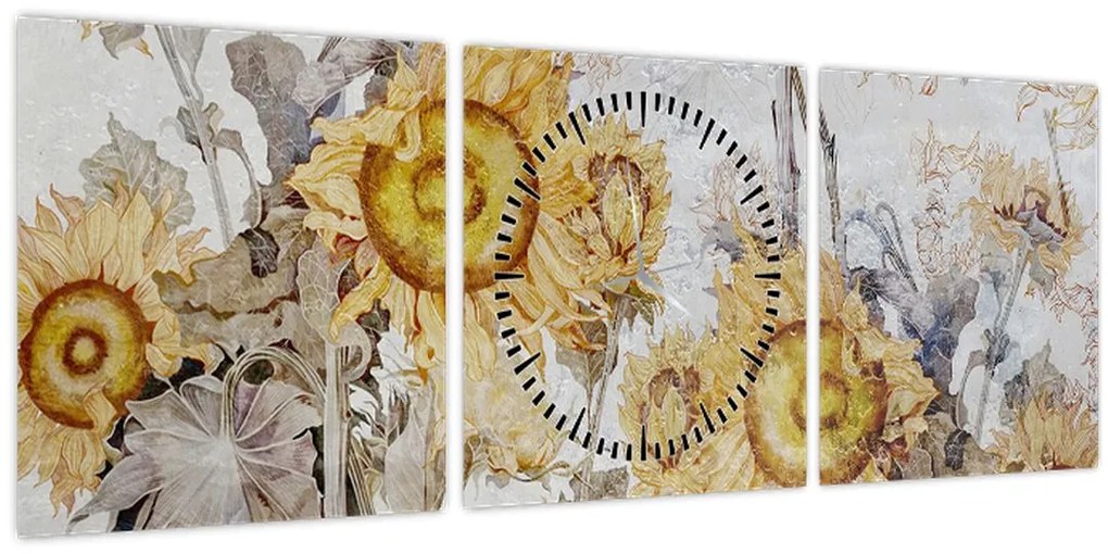 Obraz - Slunečnice ve zdi (s hodinami) (90x30 cm)