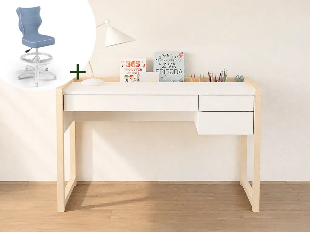 Benlemi Stůl STOLLY se 3 šuplíky a pastelkovníkem do dětského pokoje + ergonomická židle MODRÁ Zvolte rozměr židle: dítě 133 - 159 cm (výška stolu 71 - 82 cm)
