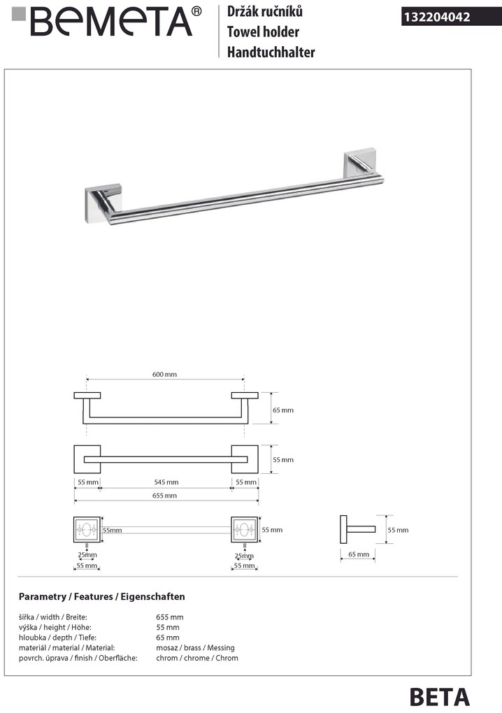 Bemeta Design BETA: Držák ručníků, 600 mm - 132204042