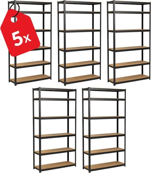 Akce 5x Regál 220x100x50 cm lakovaný 6-policový, nosnost 1050 kg - černý