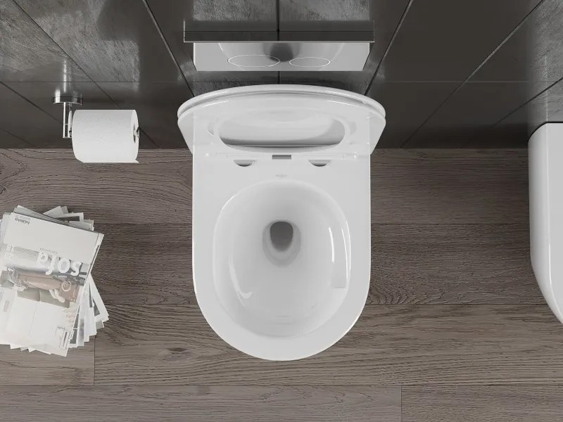 Mexen Carmen, závěsná WC mísa 490x365x340 mm, Rimless Tornádo + WC sedátko z duroplastu, bílá lesklá, 30880400T