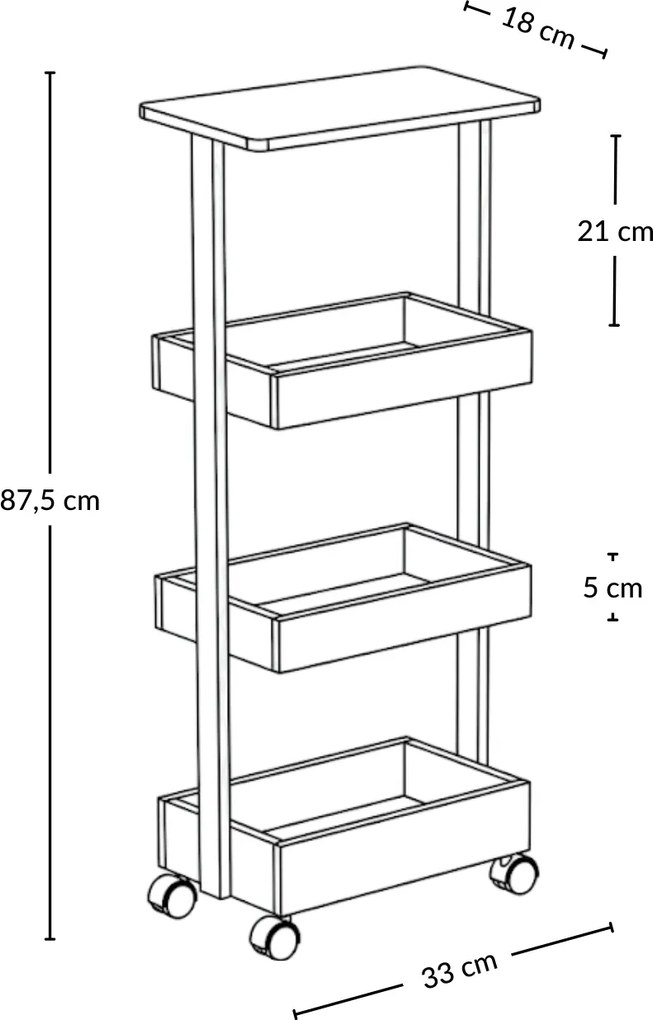Pojízdný kuchyňský regál s policemi HYGA, 87,5 cm