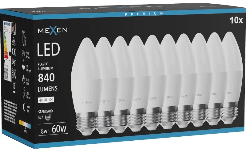 Mexen Nova 10x LED žárovka E27, C37, 8W, Neutrální - 4000K, 840 lm - L102-E27-0840-01x10