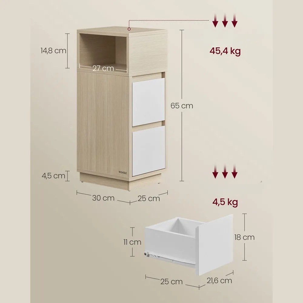 Noční stolek ROBIN, 30x25x65cm, bílá/béžová Vasagle