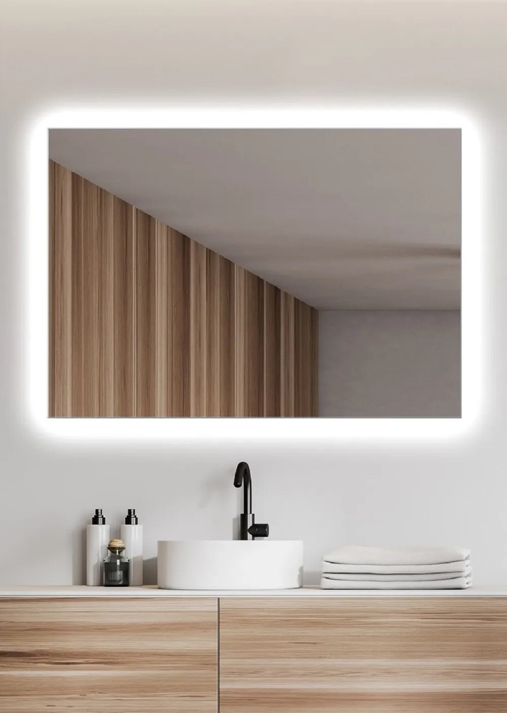 Zrcadlo do koupelny na zeď do pokoje do ložnice do předsíně na chodbu bez vypínače AMBIENTE 100 x 70 cm s LED podsvícením  po celém obvodu 410-838