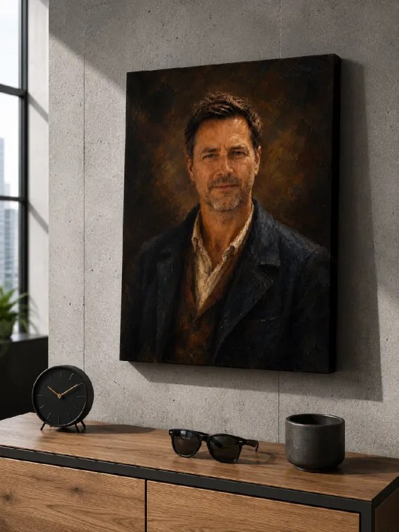 Foto obraz z vlastní fotky na plátno – Pánský portrét ve stylu olejomalby Rozměry obrazu: 80 x 120 cm