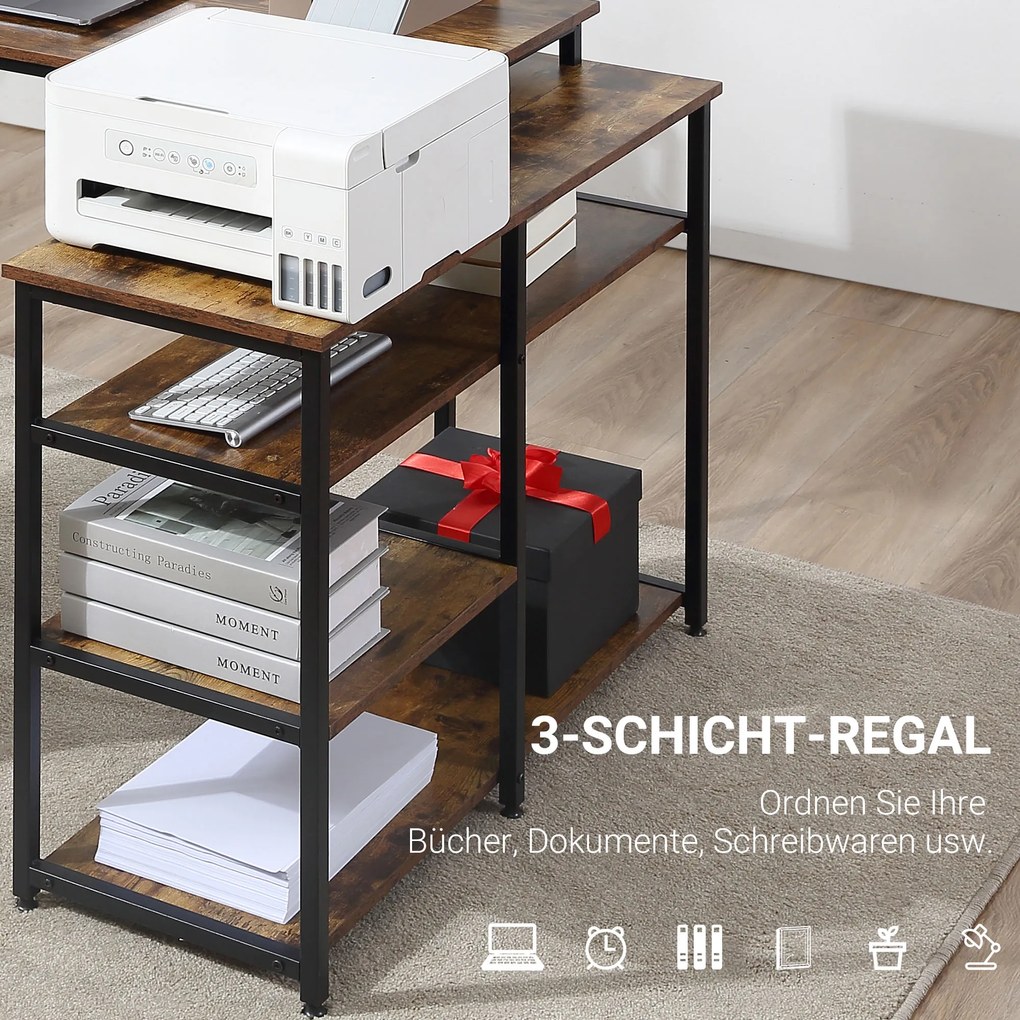 HOMCOM Rohový psací stůl PC stůl ve tvaru L s policí a zásuvkou 135x90x79cm rustikální hnědá dřevotříska kov pro kancelář a domácí pracovnu | Aosom.de