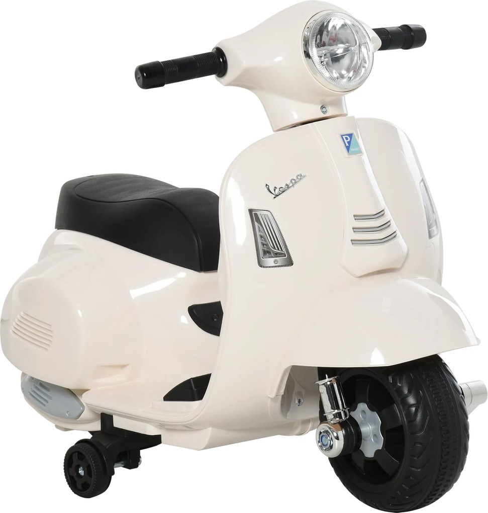 HOMCOM VESPA elektrická motorka pro děti, 18-36 měsíců, 3 km/h, LED světlo a zvuk, PP plast a kov, bílá, 66.5x38x52cm