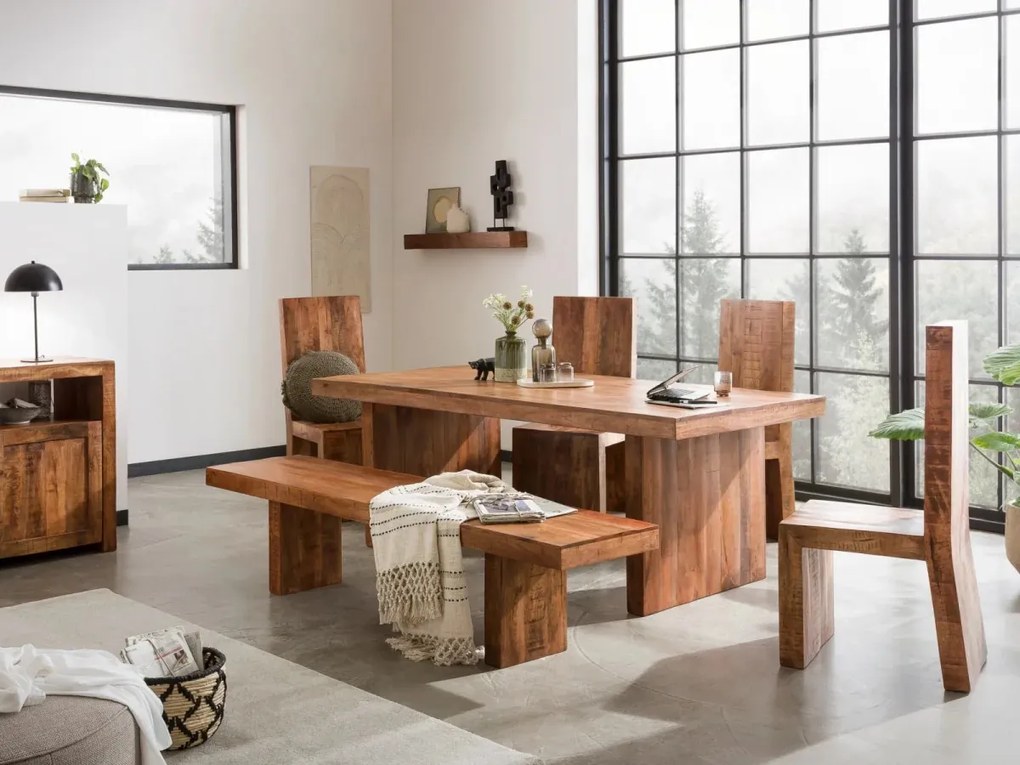 furniture-nabytek.cz - Masivní jídelní set Cleveland z mangového dřeva, lakovaný, hnědý – stůl 200 cm, 4 židle, lavice 190 cm