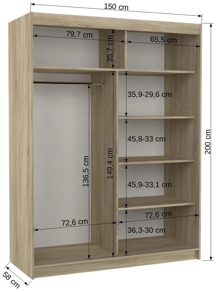 Šatní skříň s posuvnými dveřmi Baltic - 150 cm Barva: dub Sonoma