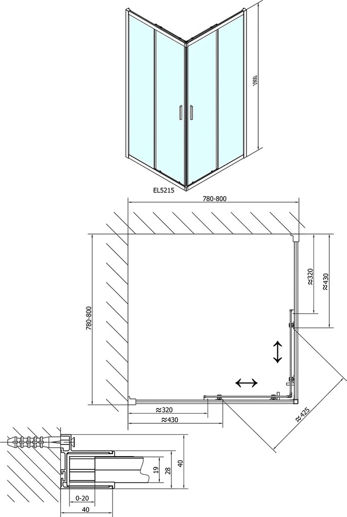 Polysan Polysan, EASY LINE čtvercová sprchová zástěna 800x800mm, čiré sklo, EL5215