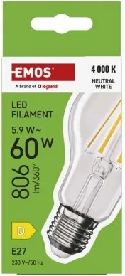 Emos lighting LED žárovka Filament A60 / E27 / 5,9 W (60 W) / 806 lm / neutrální bílá 1525733498