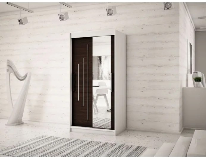 Moderní skříň se zrcadly a psuvnými dveřmi Milada 120 v barvě bílá-wenge