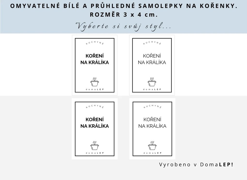 KOŘENÍ NA KRÁLÍKA - Samolepka na kořenky 3 x 4 cm - DomaLEP varianta: PRŮHLEDNÁ - základní písmo