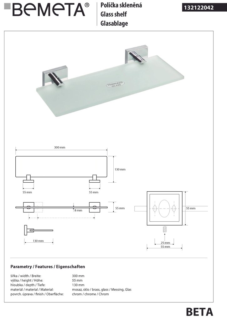 Bemeta Design BETA: Polička, 300 mm, sklo - 132122042