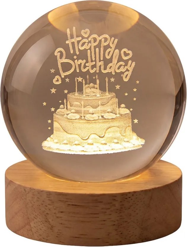 LED stolní lampička na dřevěném podstavci Happy Birthday - Ø 6 cm / USB