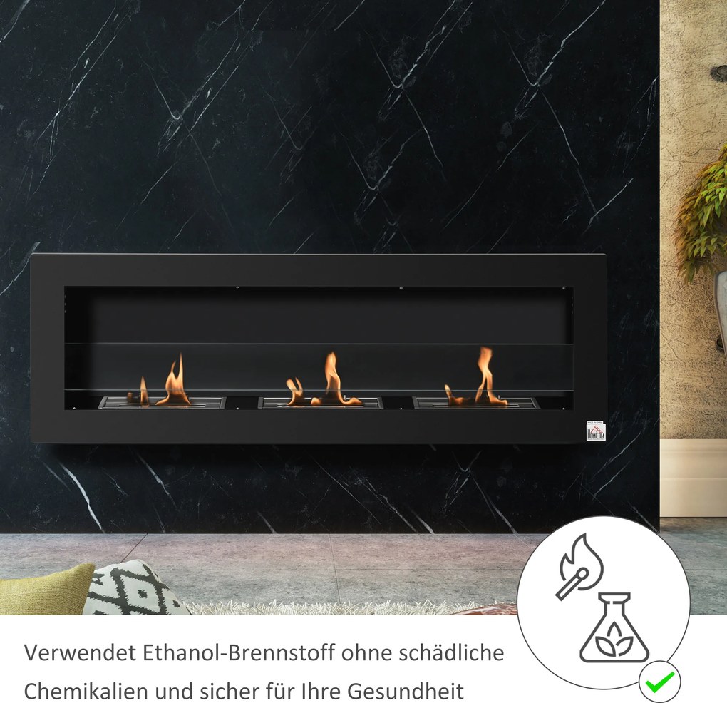 HOMCOM Ethanolový krb Bio-Ethanol hořák 3 hořáky 1 l 3 hodiny doba hoření 2000 W bez kouře, nástěnný, ocel, tvrzené sklo, černá, 120 x 15 x 40 cm