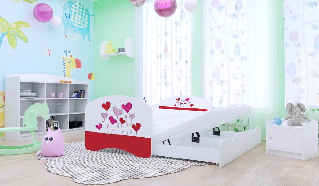 Svět pokojů Dětská postel Kevin pro dvě děti - srdíčka na balonkách + matrace zdarma Barva: Oranžová, Rozměr: 160x80 cm, Zábrana: NE
