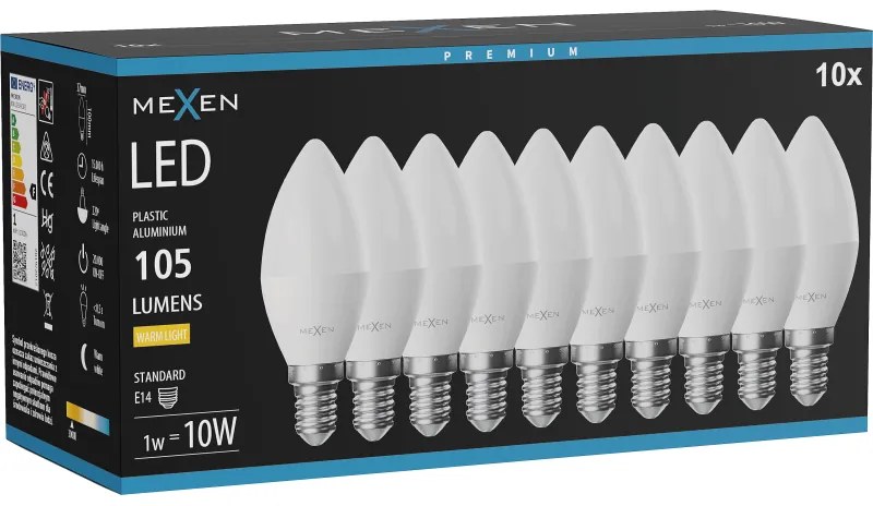 Mexen Nova 10x LED žárovka E14, C37, 1W, Teplá - 3000K, 105 lm - L102-E14-0130-01x10