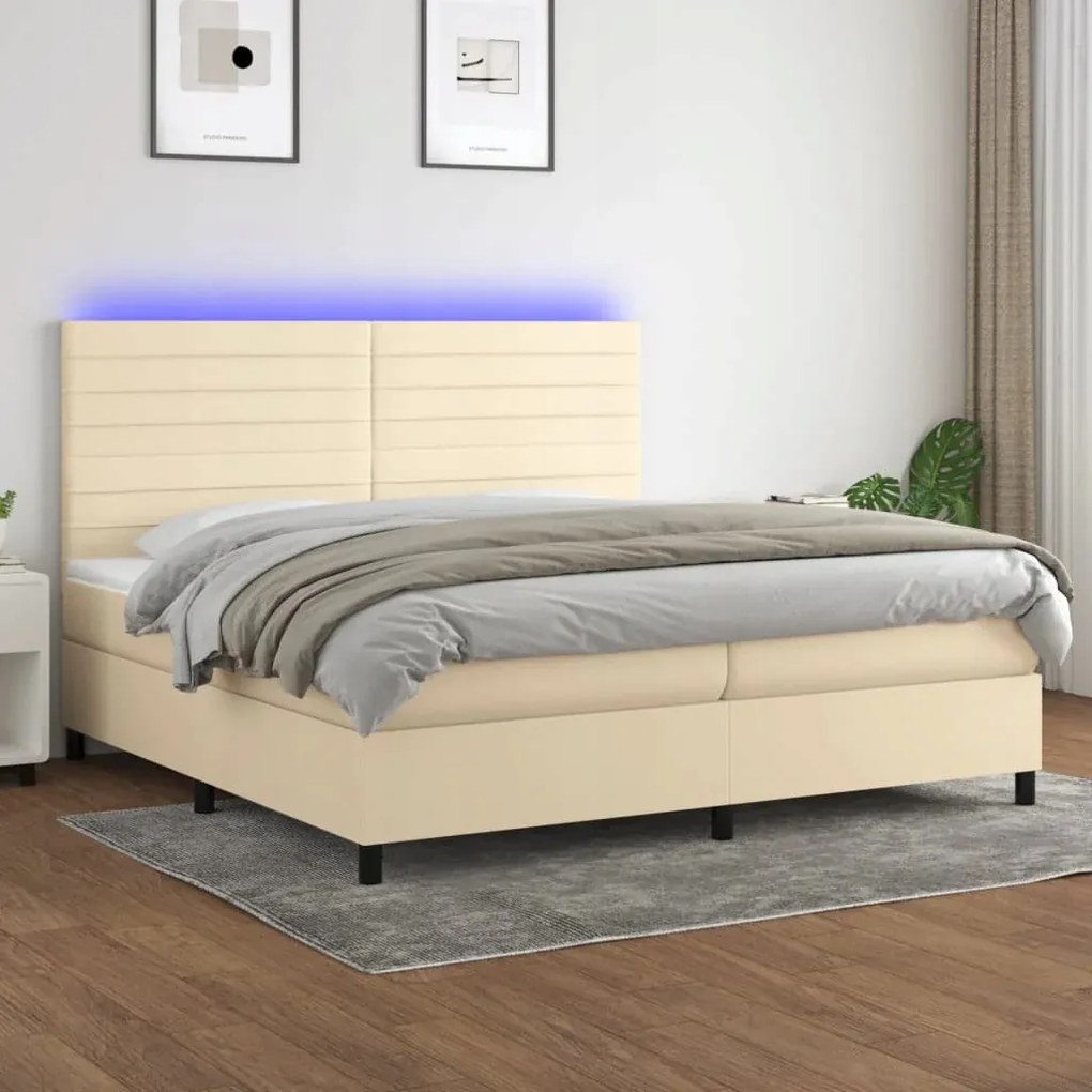 Box Spring Postel S Matrací A Led Textil Krémová vodorovné pruhy 200 x 20