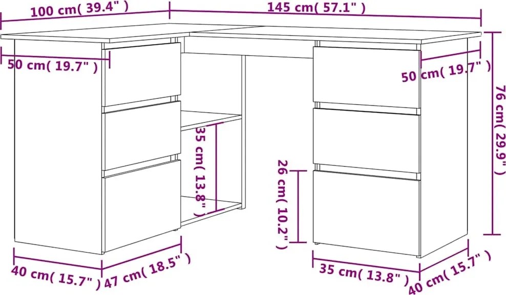 vidaXL Rohový psací stůl 145 x 100 x 76 cm dřevotříska [801092] Barva: Bílá