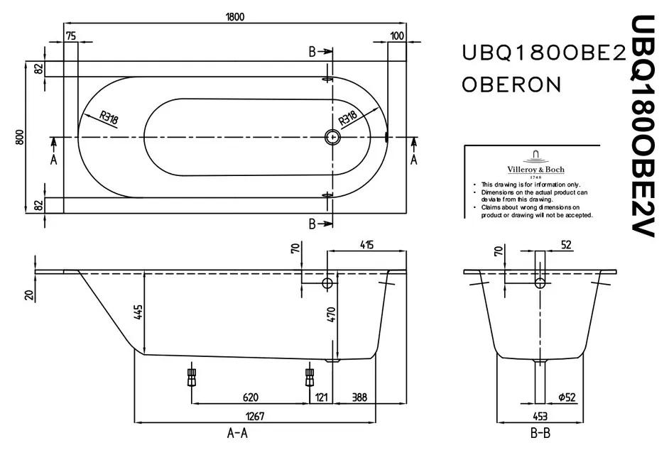 Villeroy & Boch Villeroy Boch OBERON Solo: Vana 1800x800 mm, Quaryl, včetně nohou (samolepicí), bílá Alpin UBQ180OBE2V-01