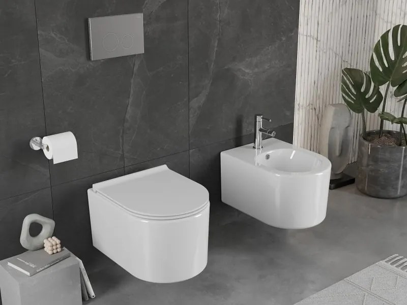Mexen Sofia, závěsná WC mísa 490x360x355 mm, Rimless Tornádo + toaletní WC sedátko z duroplastu, bílá lesklá, 30540500