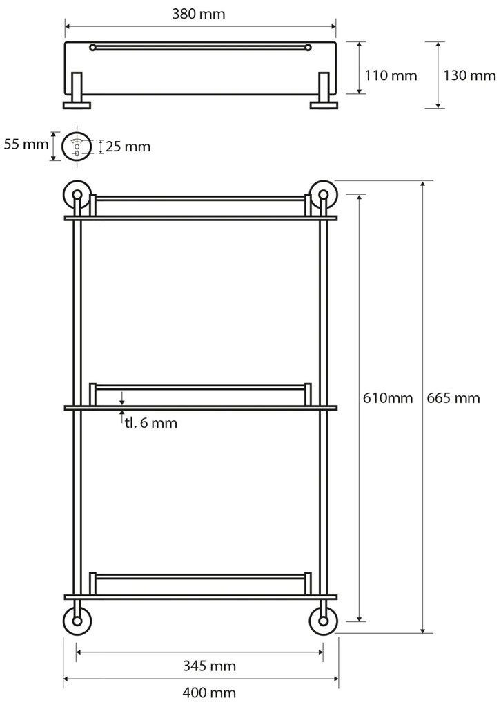 Sapho, X-ROUND E skleněná polička trojitá s hrazdou 380x675x130mm, chrom, XR608