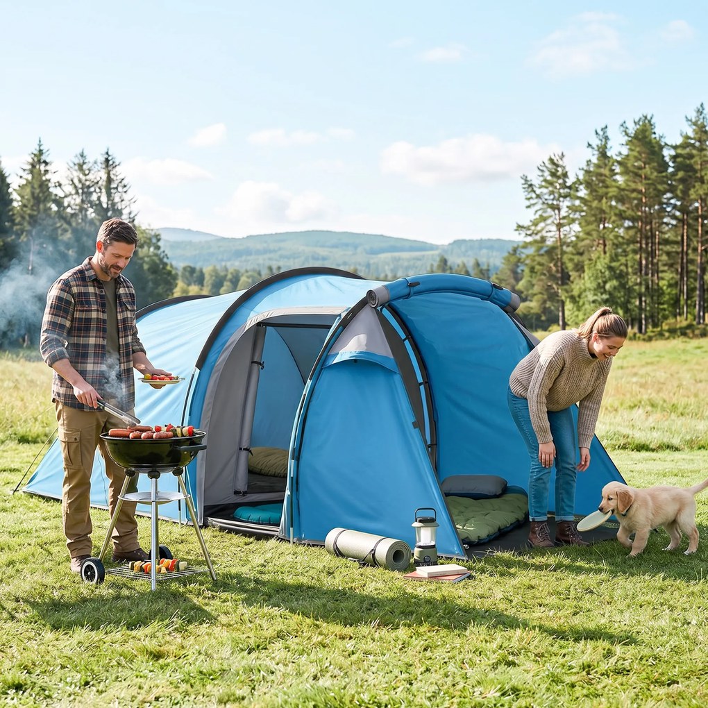 Outsunny tunelový stan pro 2-3 osoby 190T kempinkový stan s kolíky, sklolaminát a polyester, světle modrý, 426x206x154cm| Aosom
