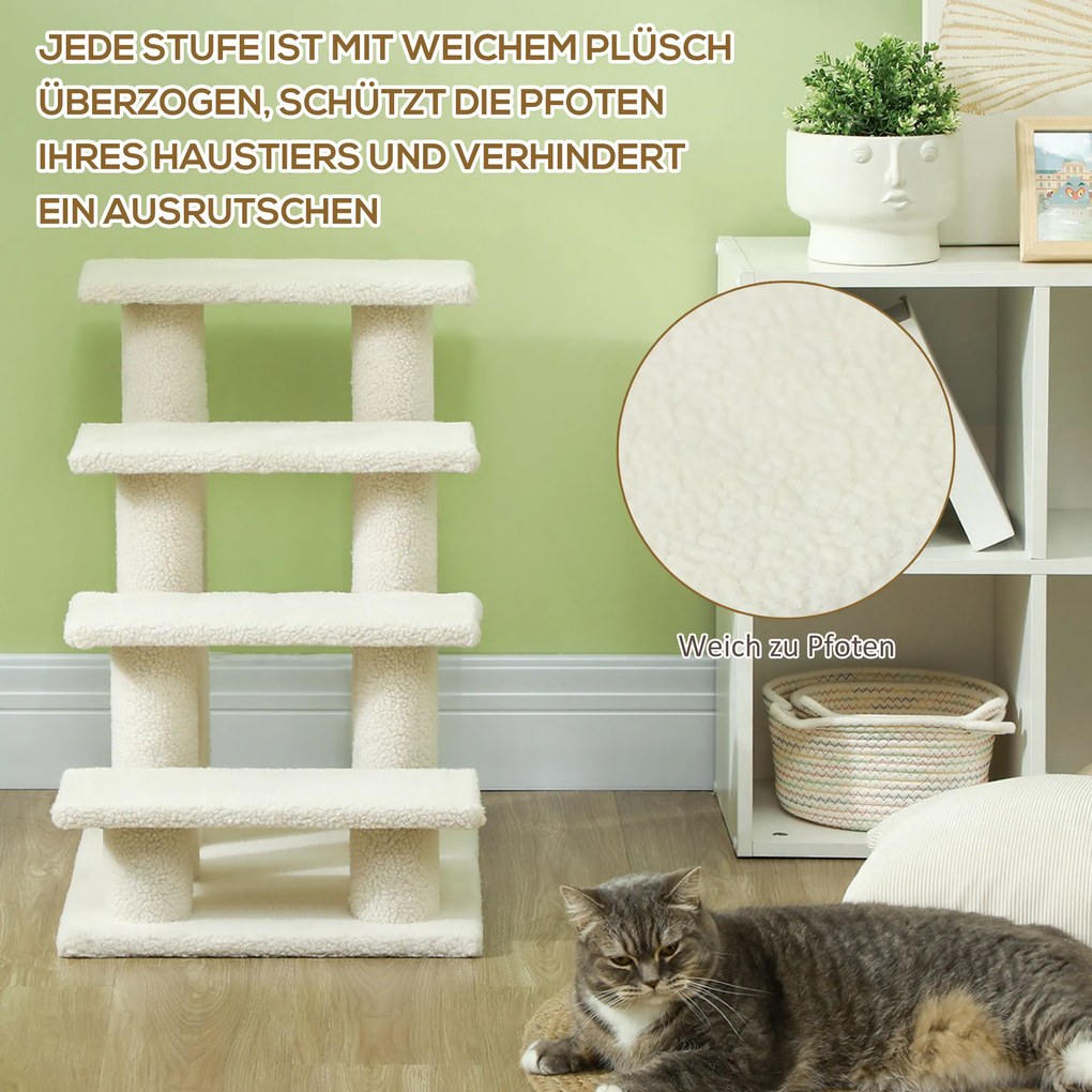 Schody pro psy a kočky PawHut 4stupňové plyšové béžové 63,5x43x60cm ideální pro starší zvířata
