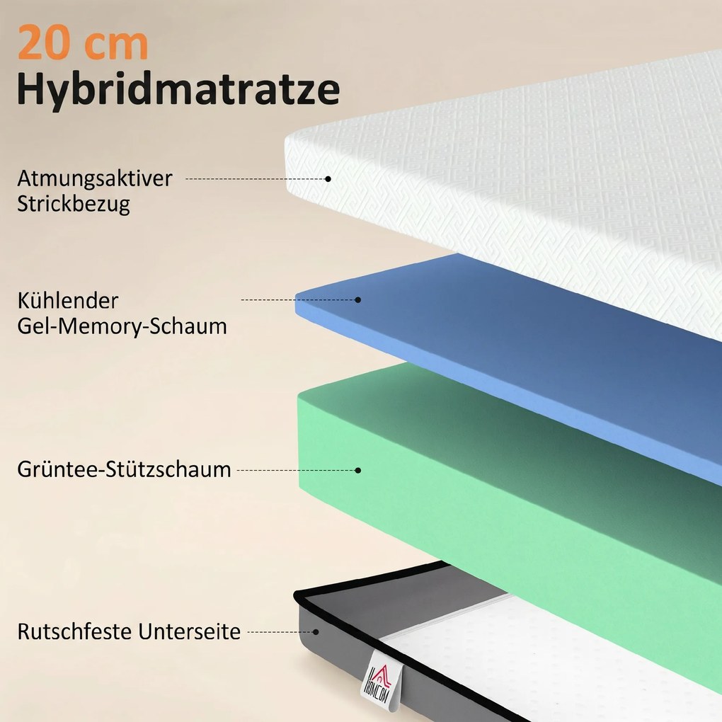 HOMCOM Matrace 140x200 cm H3 středně tvrdá, výška 20 cm, ergonomická, prodyšná z gelové paměťové pěny, Öko-Tex & CertiPUR