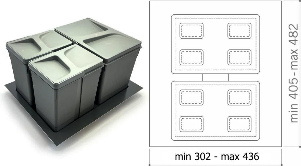 In-Design Systém odpadkových košů do zásuvky - PRAKTIK šířka skříňky 500 antracit Členění odpadkového koše: 1x15 + 2x7l (výška 270)