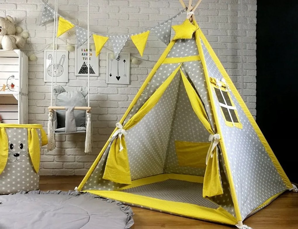 Dětský stan TEEPEE (TÝPÍ) EXCLUSIVE s doplňky - ŽLUTOŠEDÝ