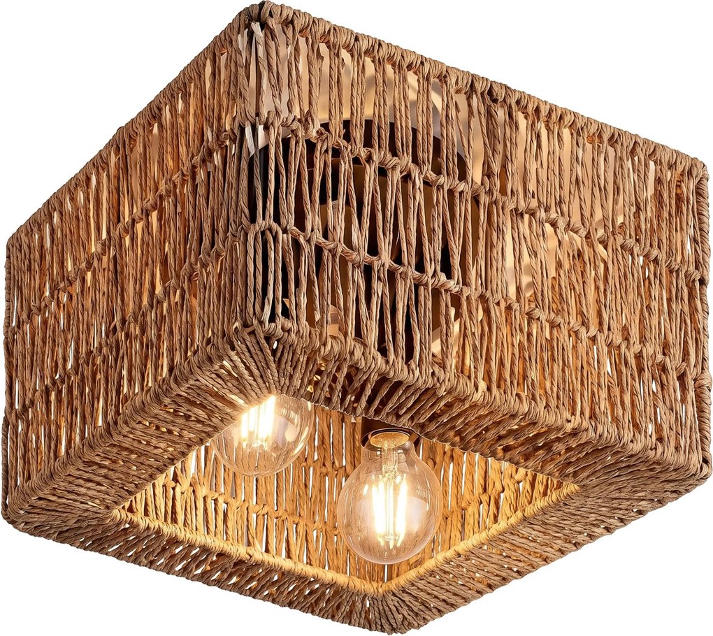 Toolight Toolight, APP1947-2C, stropní svítidlo s jutovým stínítkem, 31×31 cm, 2× E27, černá/hnědá, OSW-63006
