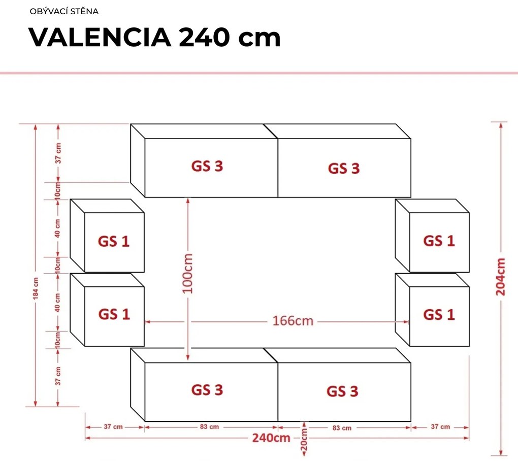 Ral Obývací stěna VALENCIA 1, 240 cm - Bílý lesk