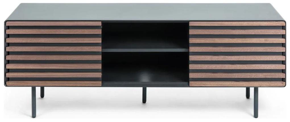 Černý lakovaný TV stolek Kave Home Kesia 162 x 45 cm s ořechovým dekorem