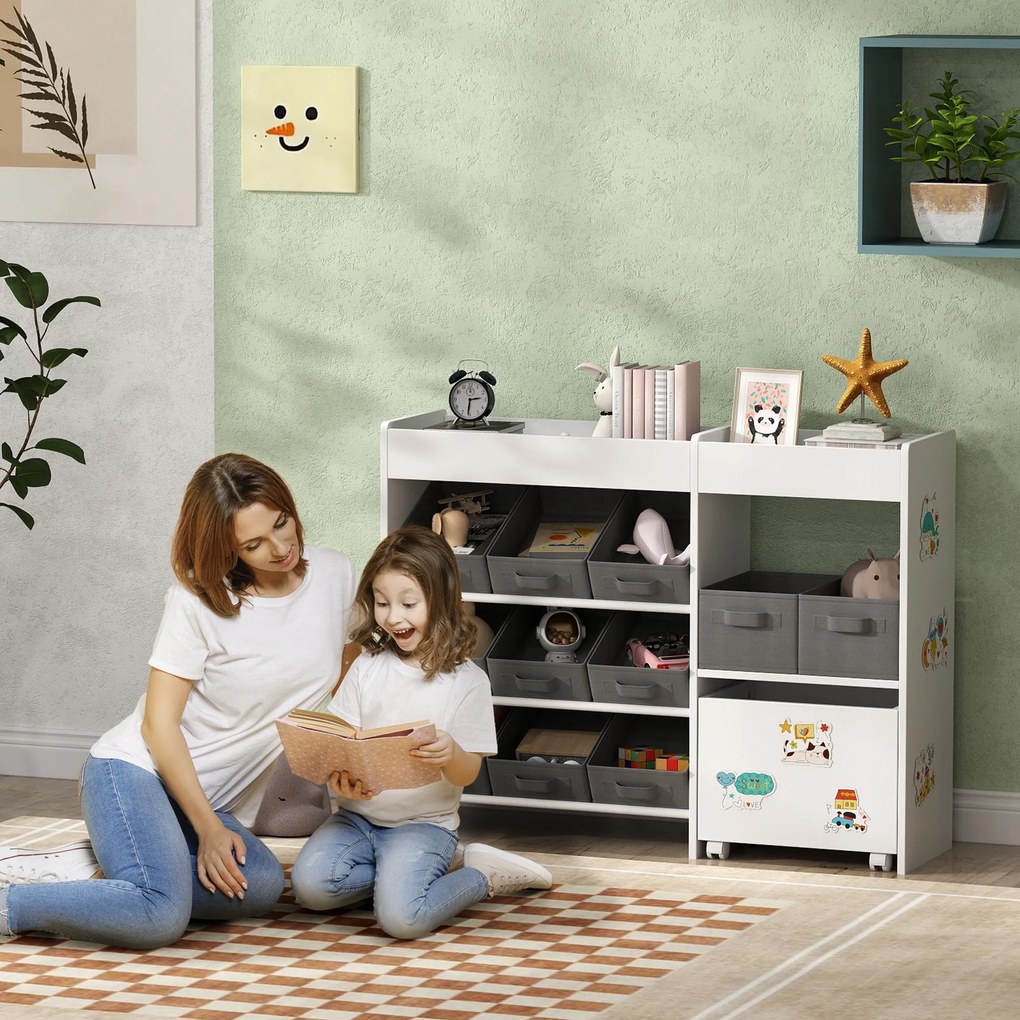 AIYAPLAY Úložný regál na hračky pro děti s 11 odnímatelnými koši a samolepkami pro hernu 105x30x80 cm Bílý