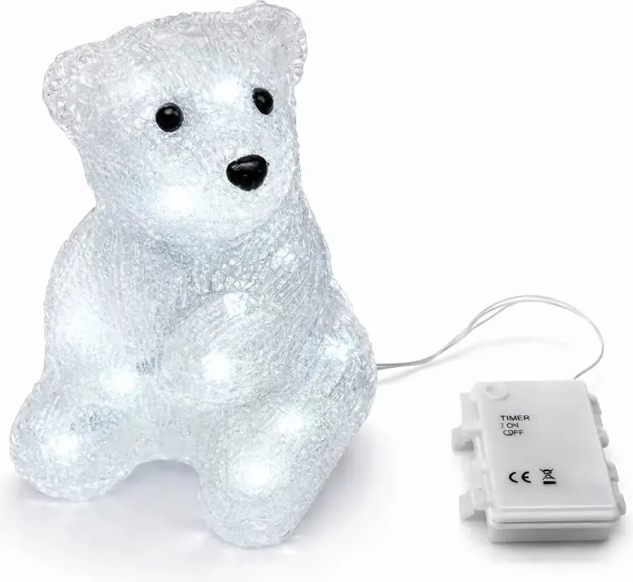 3D LED svítící medvěd sedící na baterie, 16 diod, s časovačem, 18 × 13 cm, ledově bílá, hliník, IP44 venkovní