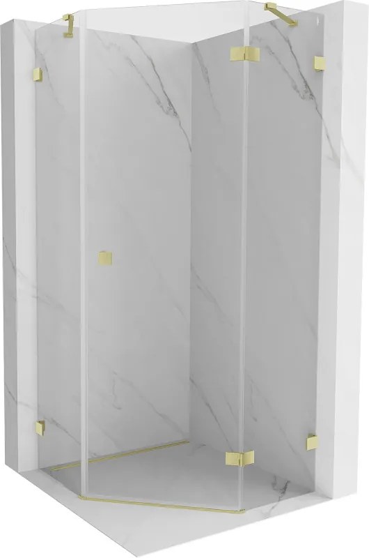 Mexen Lunar, pětiúhelníkový sprchový kout s pravým sklonem 90 x 90 cm, 8mm čiré sklo, zlatý matný profil, 831-090P-090L-55-00-P