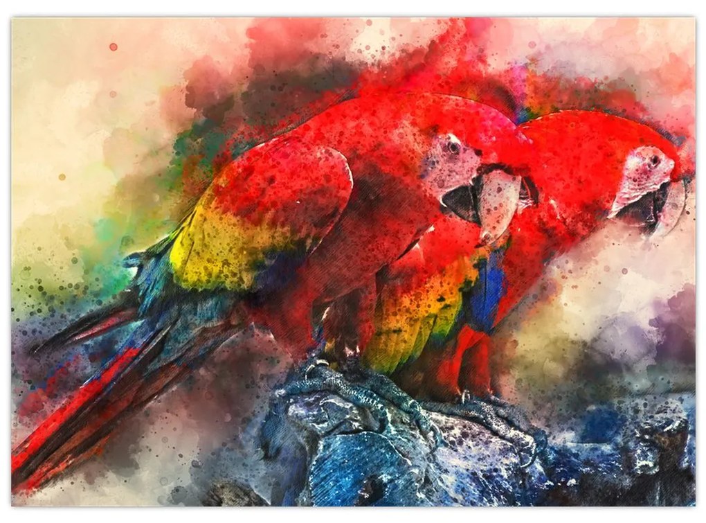 Skleněný obraz červených papoušků ara (70x50 cm)