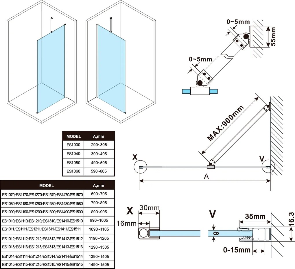 Polysan Polysan, ESCA COPPER MATT jednodílná sprchová zástěna pro instalaci ke zdi, čiré sklo, 300 mm, ES1030-09