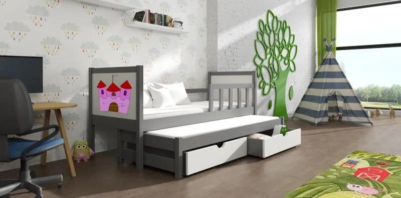 Dětská postel PONOKIO 4 - šedá / bílá + hrad | BIANO