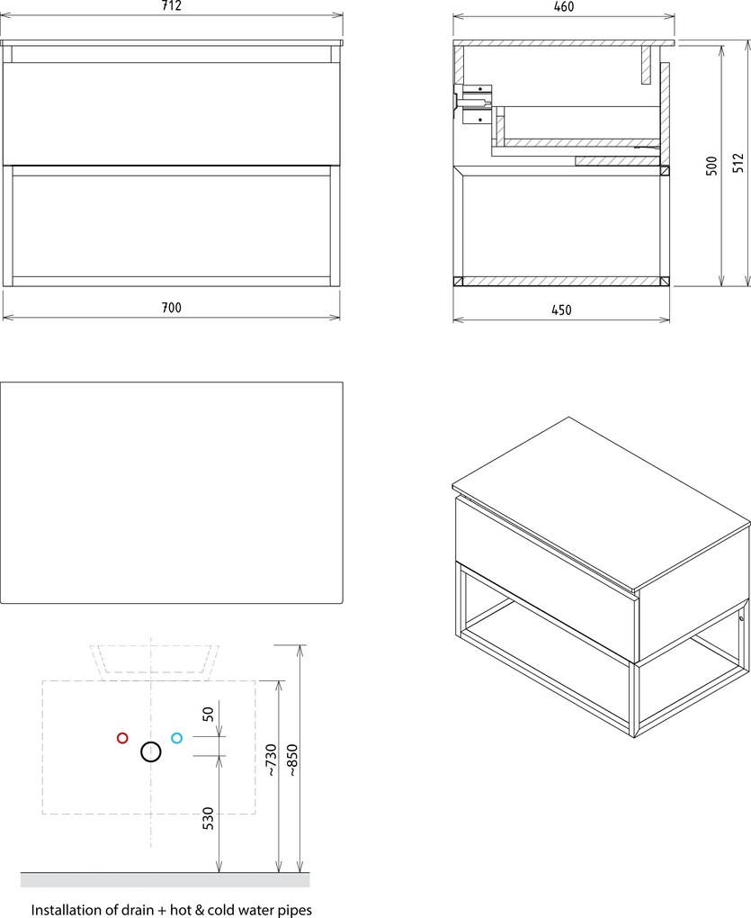Sapho SKARA umyvadlová skříňka 70 x 50 x 45 cm černá mat/dub collingwood CG005-1919
