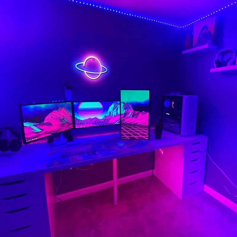 ACA Lighting Neonová lampička - Saturn, 3x AA baterie/USB kabel, IP20, modrá + růžová barva