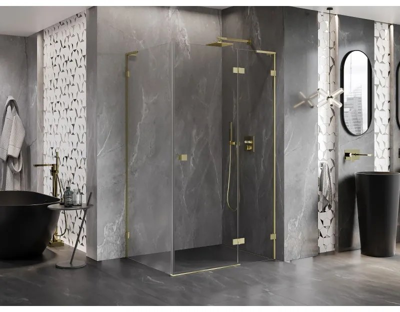 Mexen Lunar, L pravý výklopný sprchový kout 75 x 70 cm, 8mm čiré sklo, zlatý kartáčovaný - 834L-075-070-55-00-P