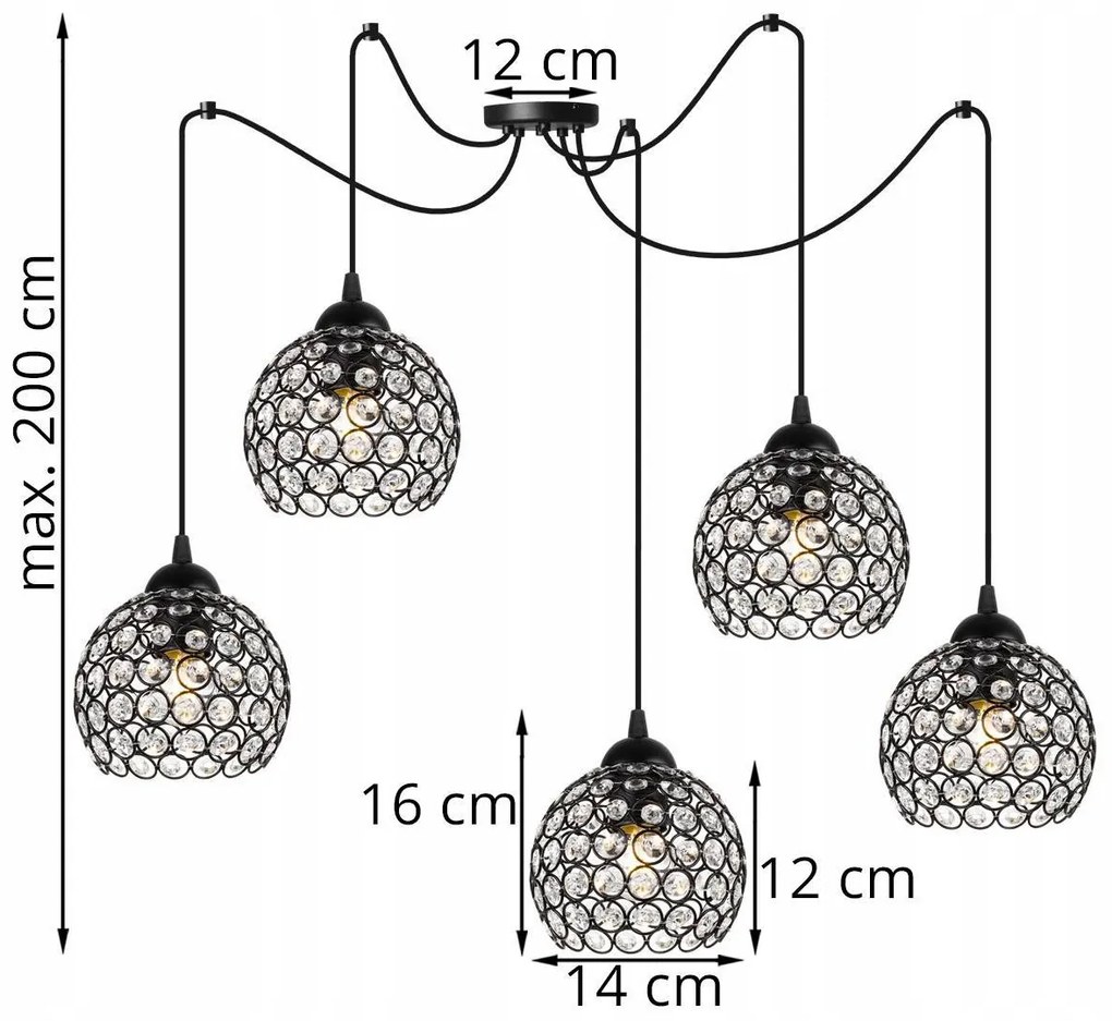 Závěsné svítidlo CRYSTAL SPIDER, 5x černé křišťálové stínítko