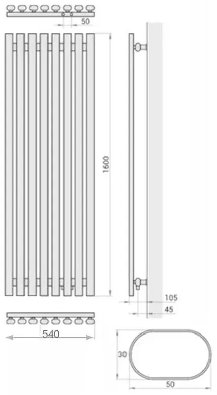 Regnis Lazur LA, topné těleso 540x1600mm se středovým připojením 50mm, 1048W, černá matná, LAZURLA/1600/540/D5/BLACK