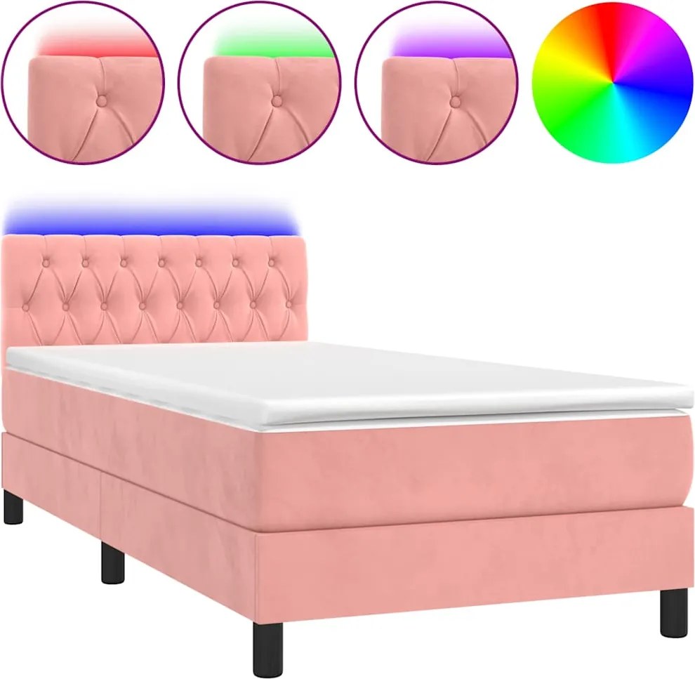 Box spring postel s matrací a LED růžová 90x200 cm samet 3134566